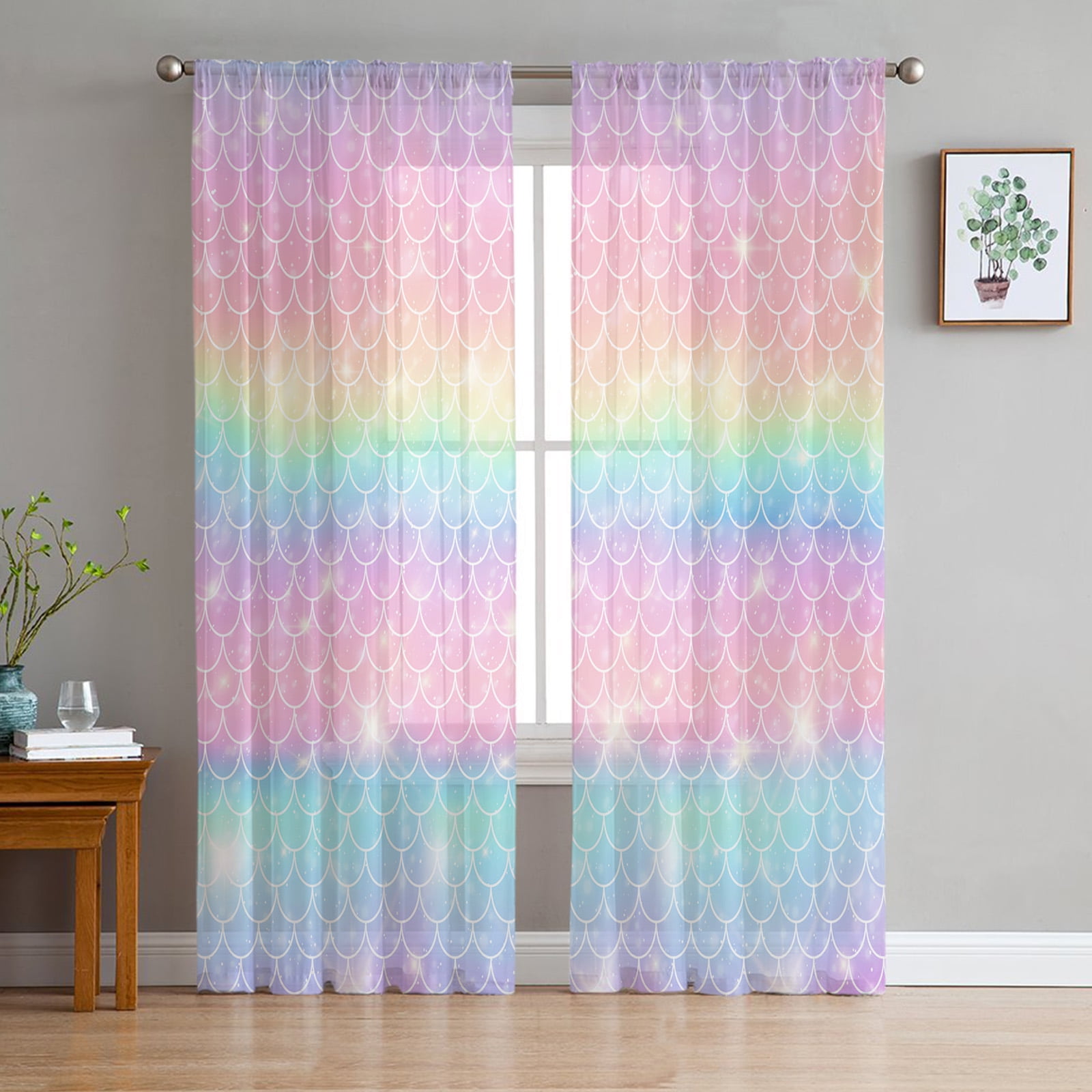 Luxury Sheer Curtains Mermaid Shell Galaxy Dream Kitchen Bedroom Living ...