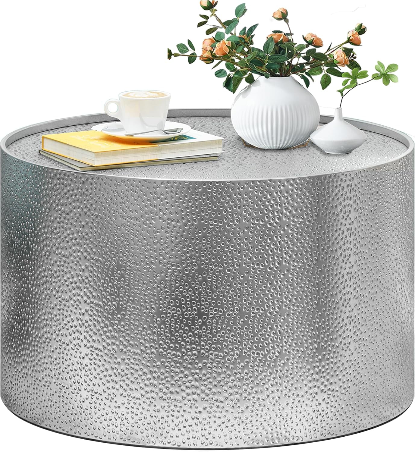 Luxury Silver Hammered Metal Coffee Table Modern Retro Round Living ...
