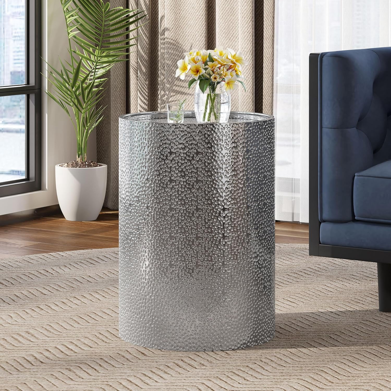 Luxury Silver Round End Table Modern Retro Hammered Metal Living Room ...