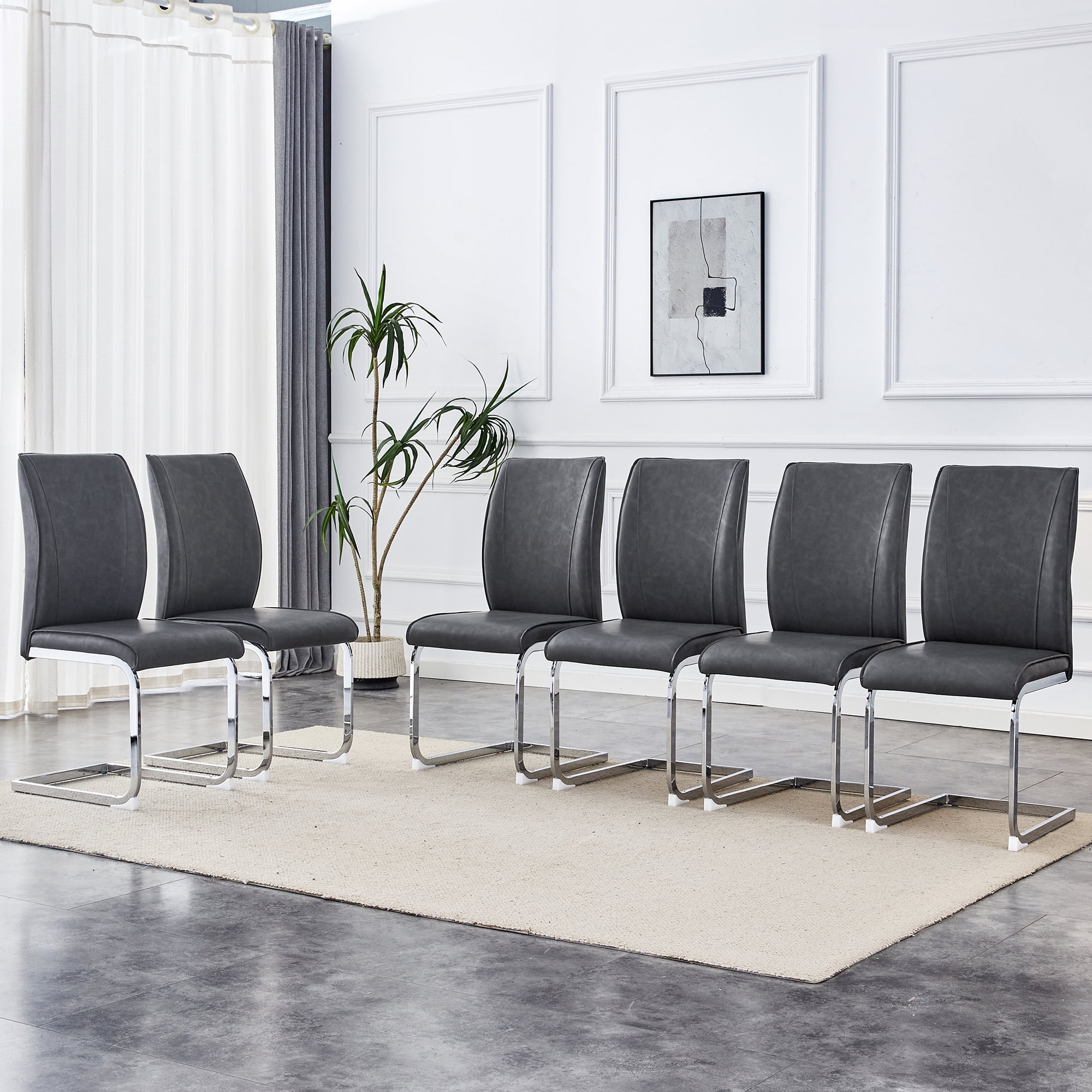 Luxury Simple Arch Chair - Set of 6 Dark Gray PU Material High ...