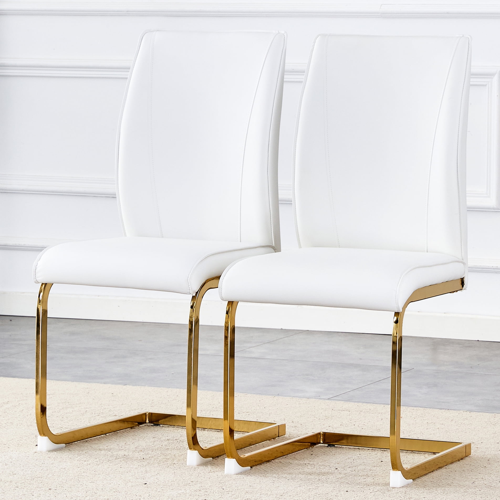 Luxury Simple Chair Pair ( Of 2), White Pu Seat And Back, Arched Metal ...