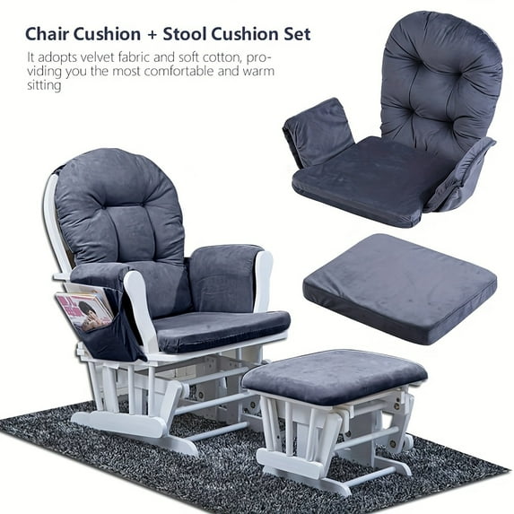Luxury Soft Velvet & Glider Rocker Chair Cushions and Stool Pad Set with Storage Pockets, Modern ...