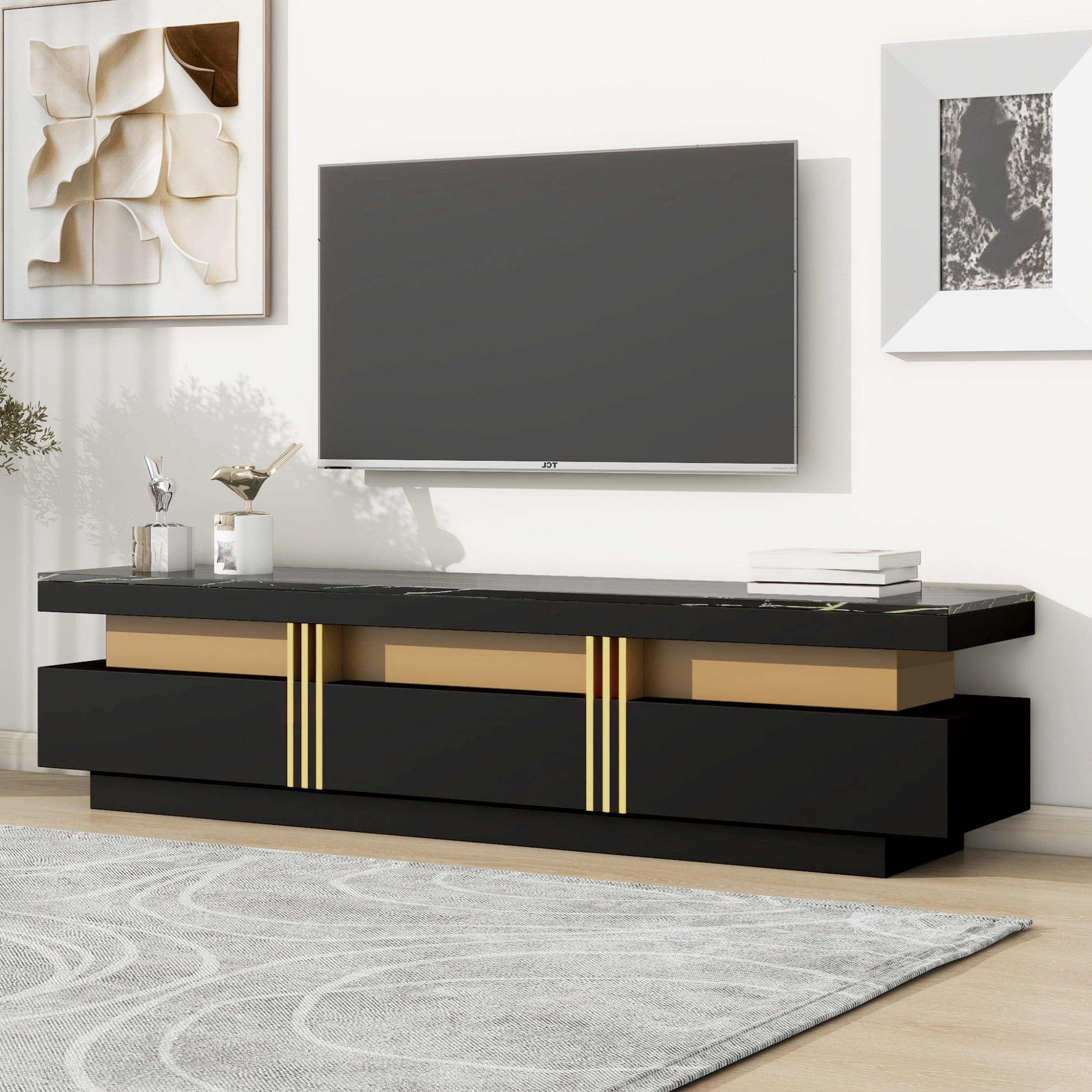Luxury TV Stand with High Gloss Faux Marble Top & Golden Panel Design ...