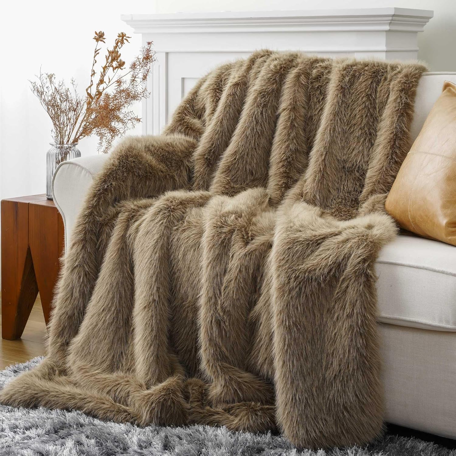 Luxury Tan Fluffy Faux Throw Blanket, Cozy Warm Large Blanket for Couch ...