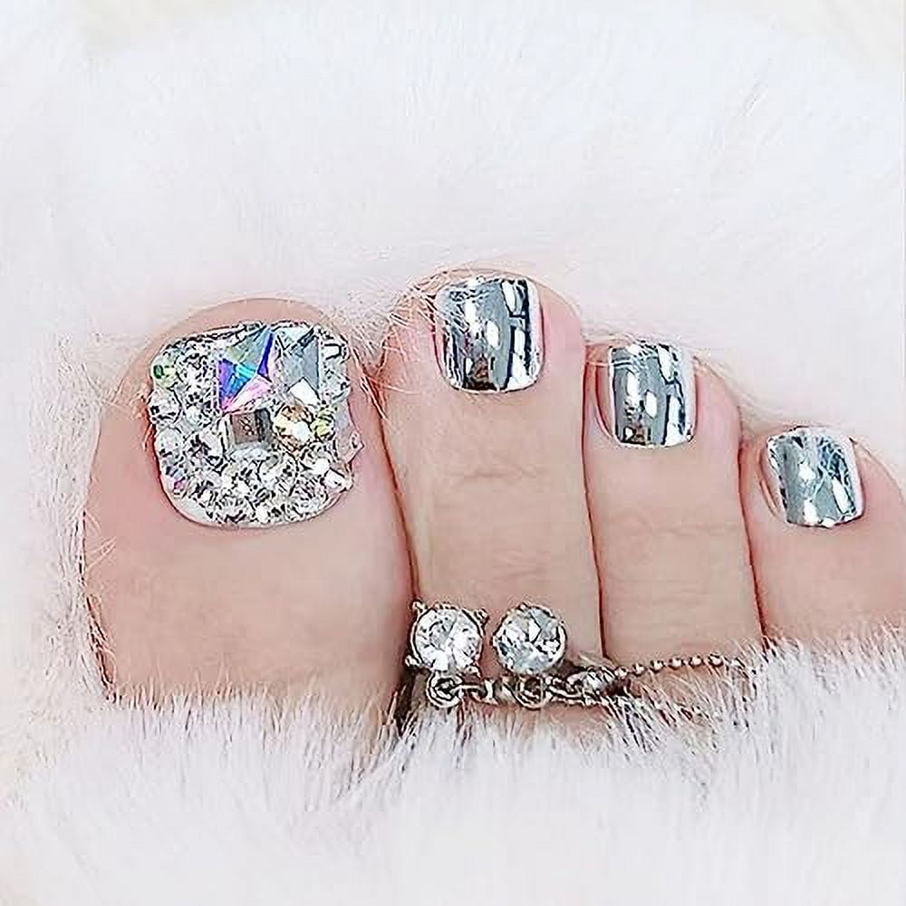 Luxury Toe Nails Press on Rhinestones Acrylic Fake Toenails Silver Full ...
