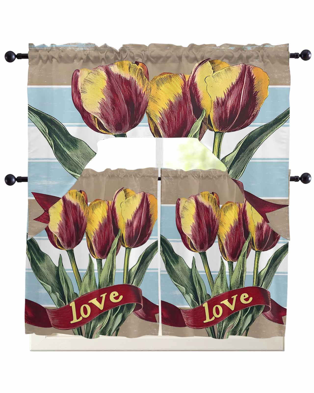 Luxury Tulip Floral Kitchen Curtains Swag Valance and Tier Curtains Set ...