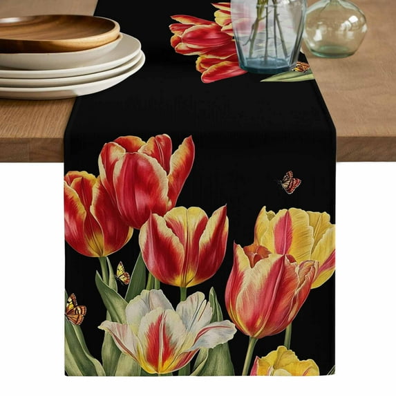 Luxury Tulip Floral Table Runner, Farmhouse Vintage Botanical Flowers ...