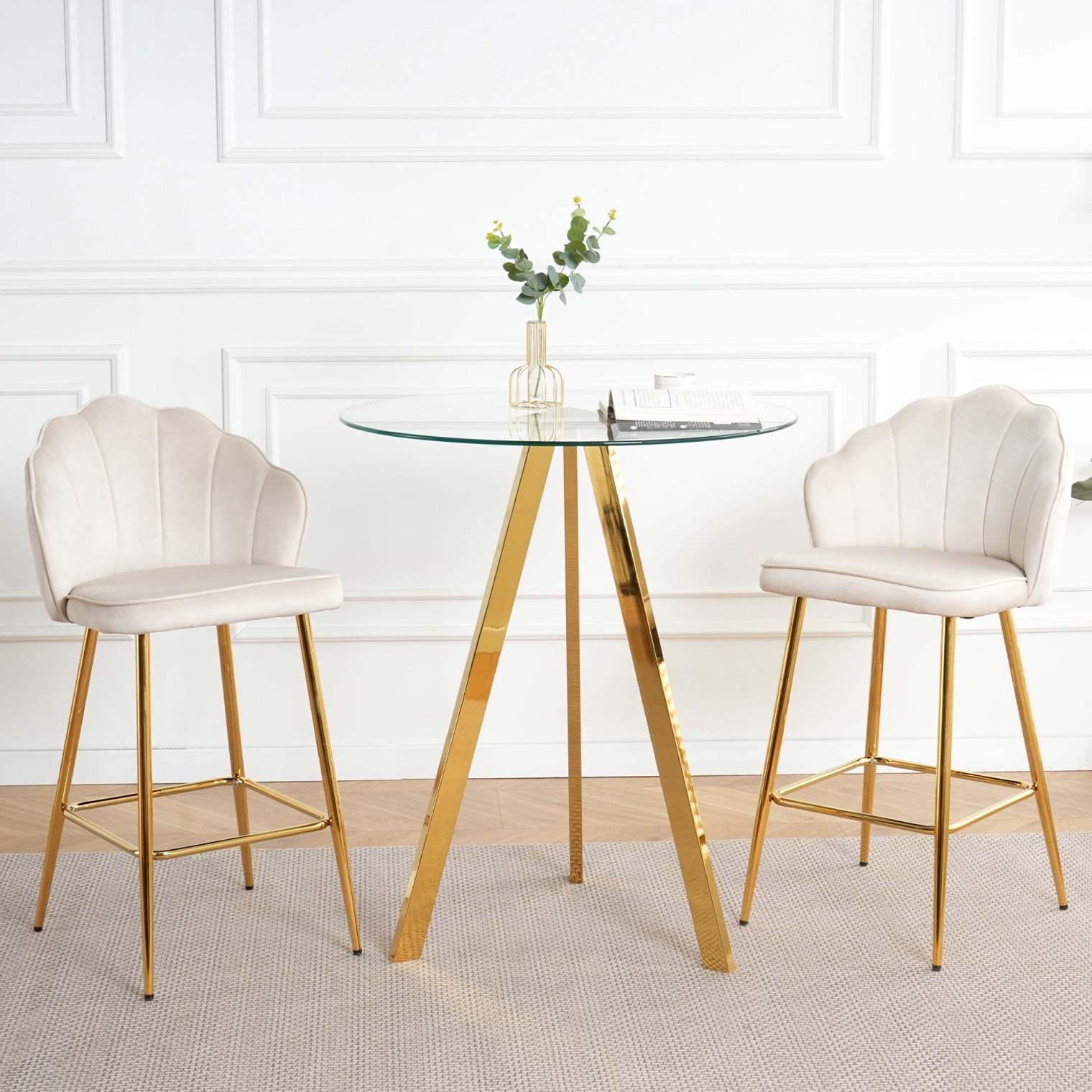 Luxury Velvet Bar Set with Gold-Plated Metal Legs & Tempered Glass ...