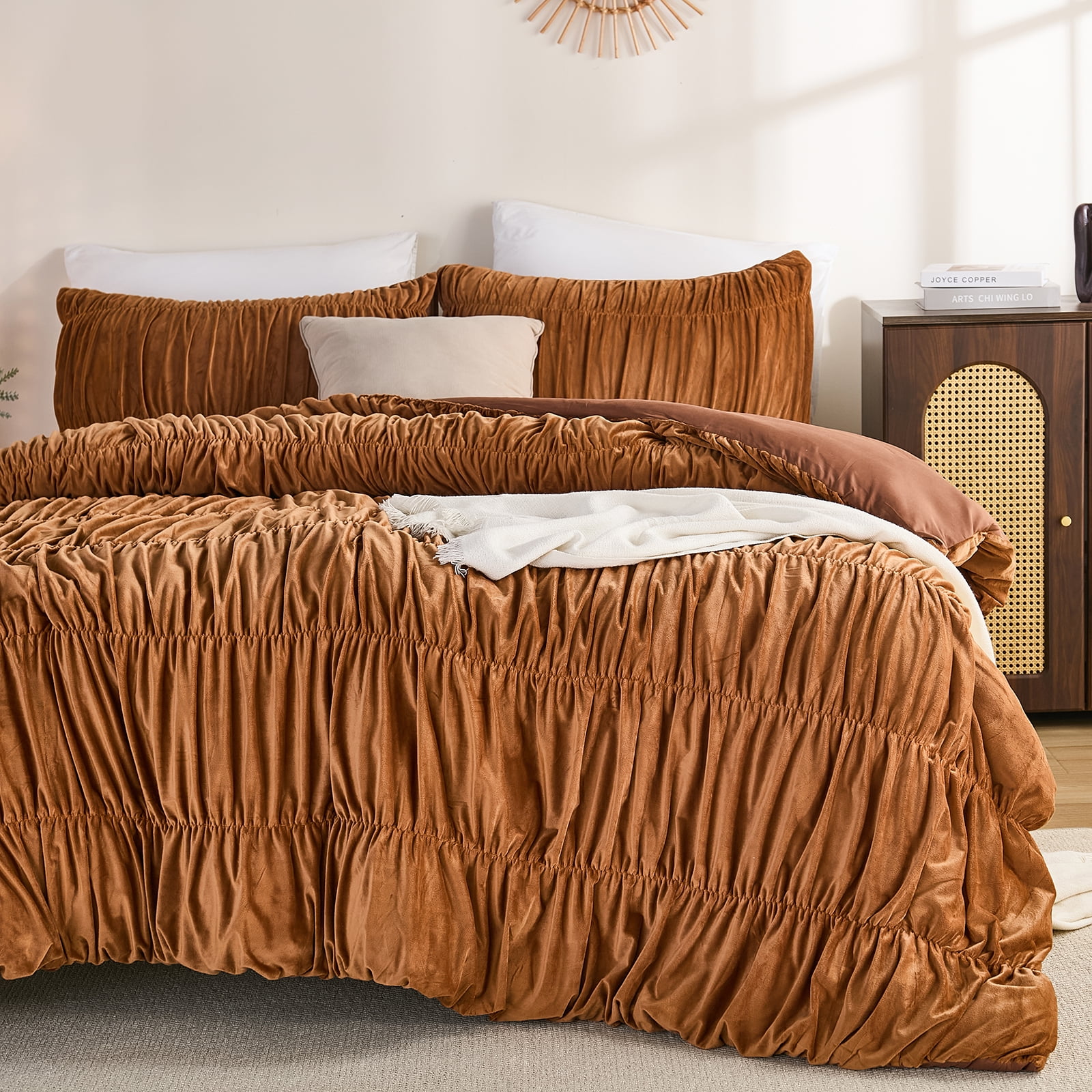 Luxury Velvet Comforter Set Queen Size,Boho Shabby Chic Ruched Bedding ...