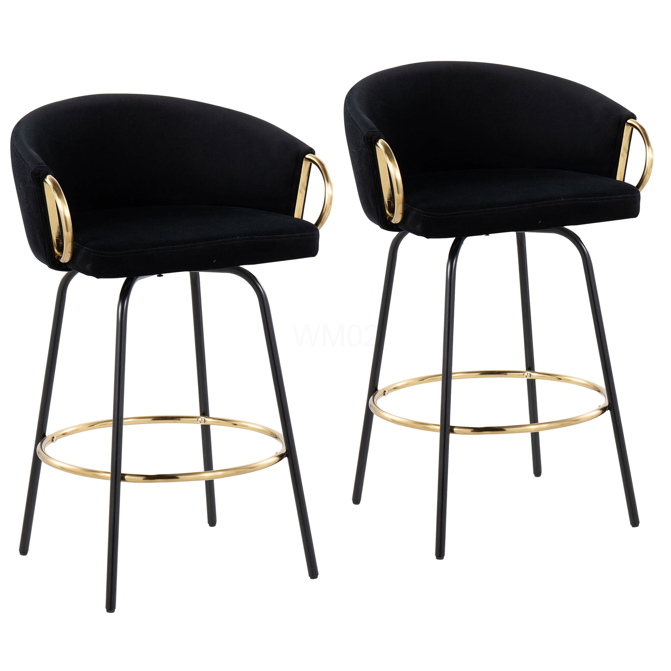 Luxury Velvet Swivel Counter Stools with Gold Accents, Set of 2, Black ...