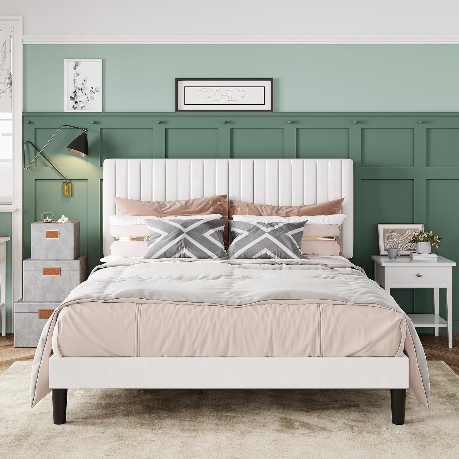 Luxury Velvet Upholstered Queen Bed Frame with Adjustable Tufted ...