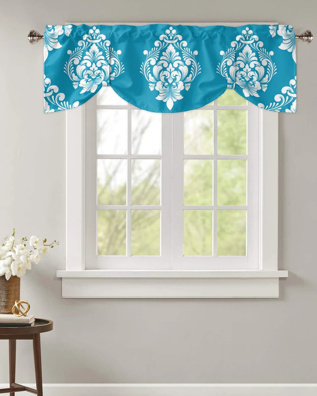 Luxury Vintage Damask Pattern Sky Blue Short Window Curtain Adjustable ...