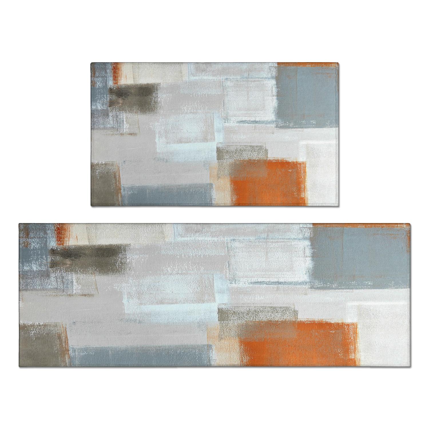 Luxury Vintage Kitchen Rug Non-Skid Blue & Brown Abstract Art, Washable ...