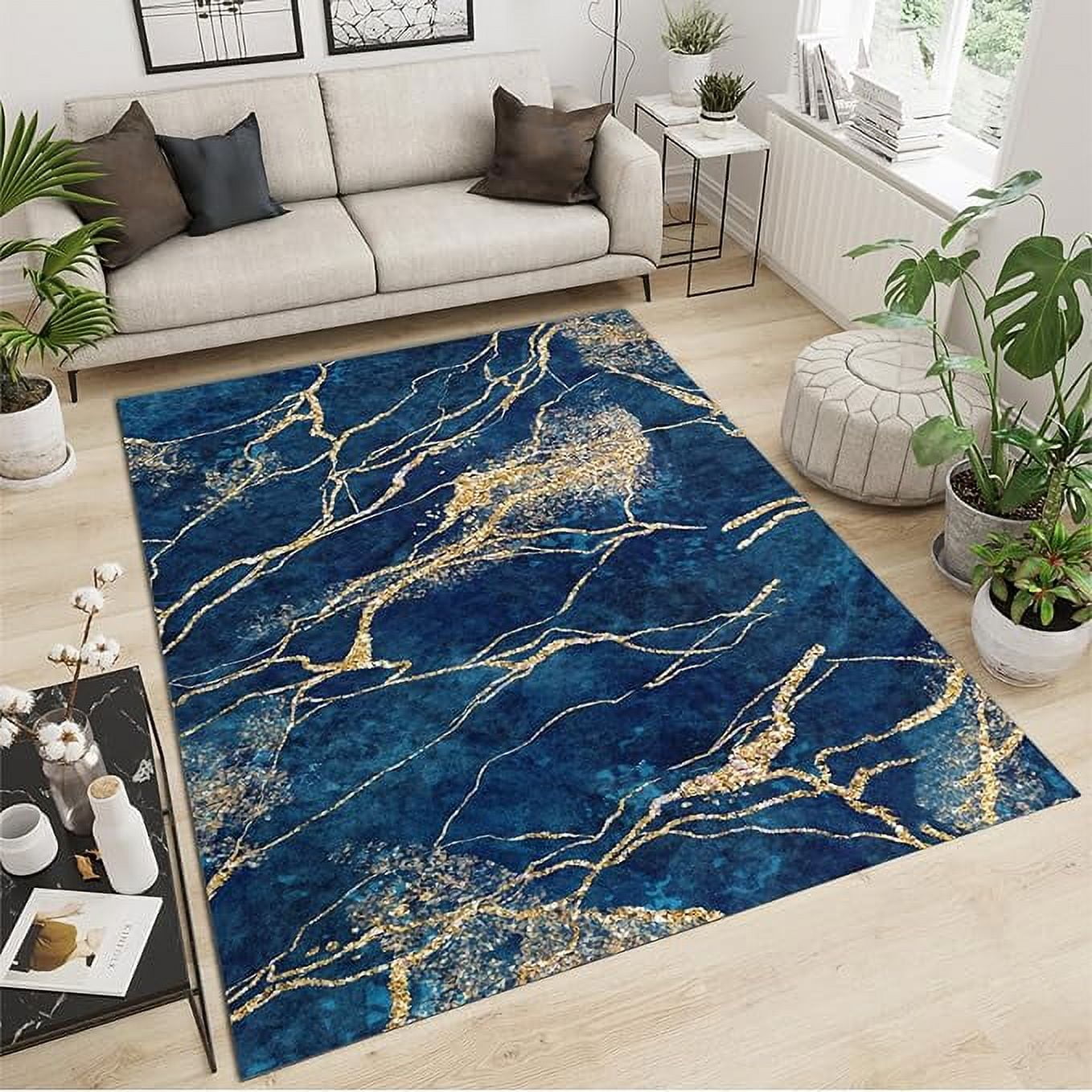 Luxury Washable Carpets, Royal Blue Golden Cracks Marble Area Rugs ...