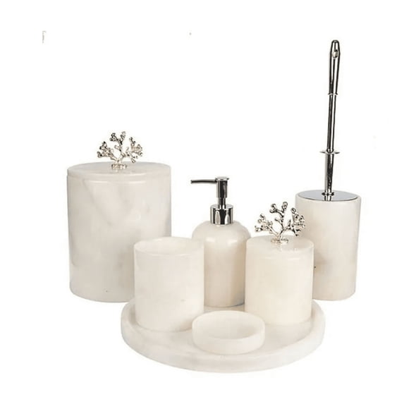 Luxury White Marble Bathroom Accessory Set – 7-Piece Vanity Countertop ...