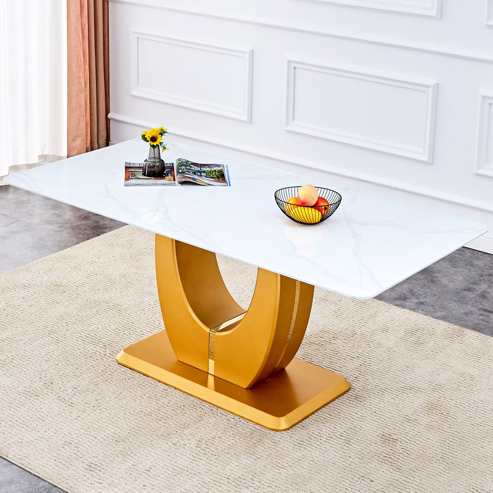 Luxury White Marble Glass Table With Golden Legs, Rectangular Design ...