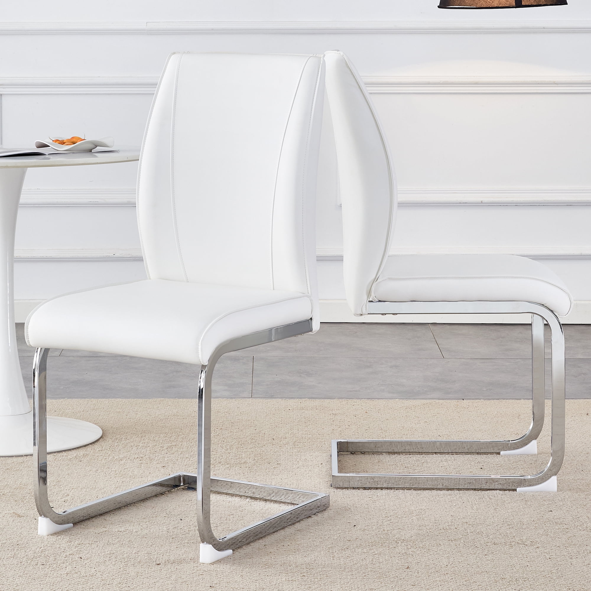 Luxury White PU Arch Dining Chair Set of 2, Modern Silver Metal Legs ...