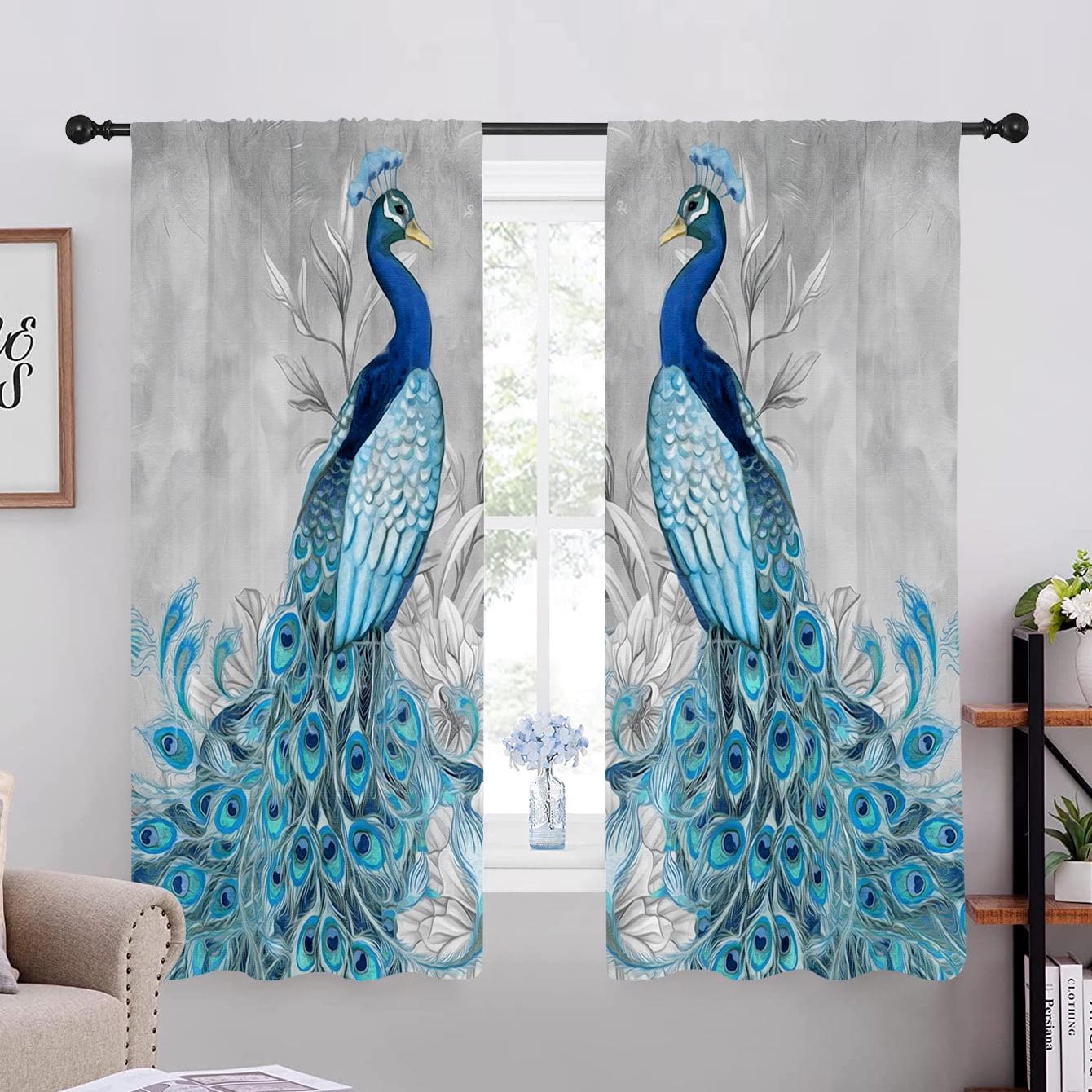 Luxury Window Curtains Blue Flower Peacock Window Curtains Binds for ...