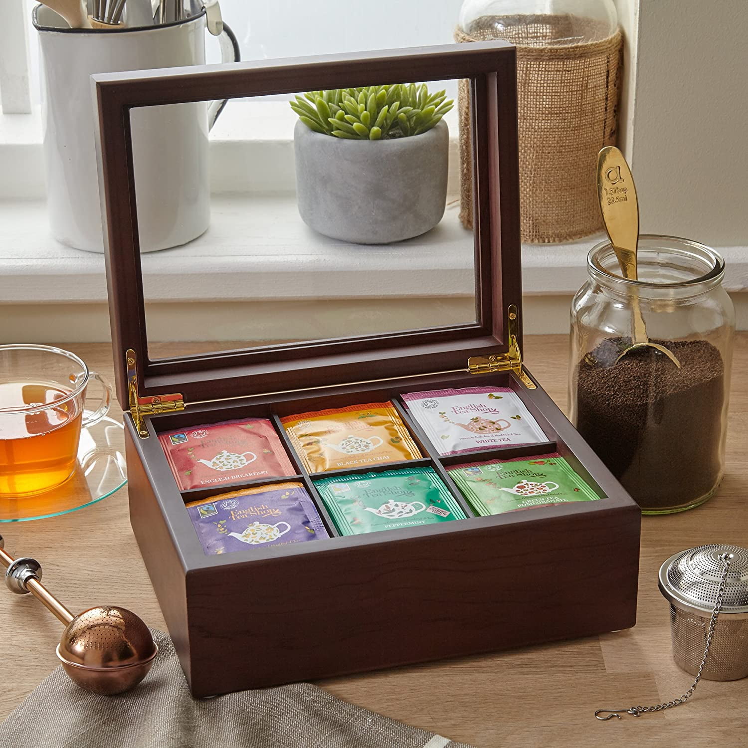 Luxury Wooden Tea Bag Organizer - 6 Compartment Tea Storage Chest ...