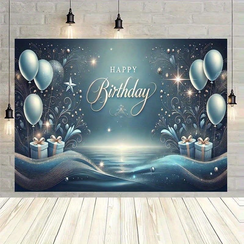 Luxury lake blue Happy Birthday background Backdrop wall hanging fabric ...