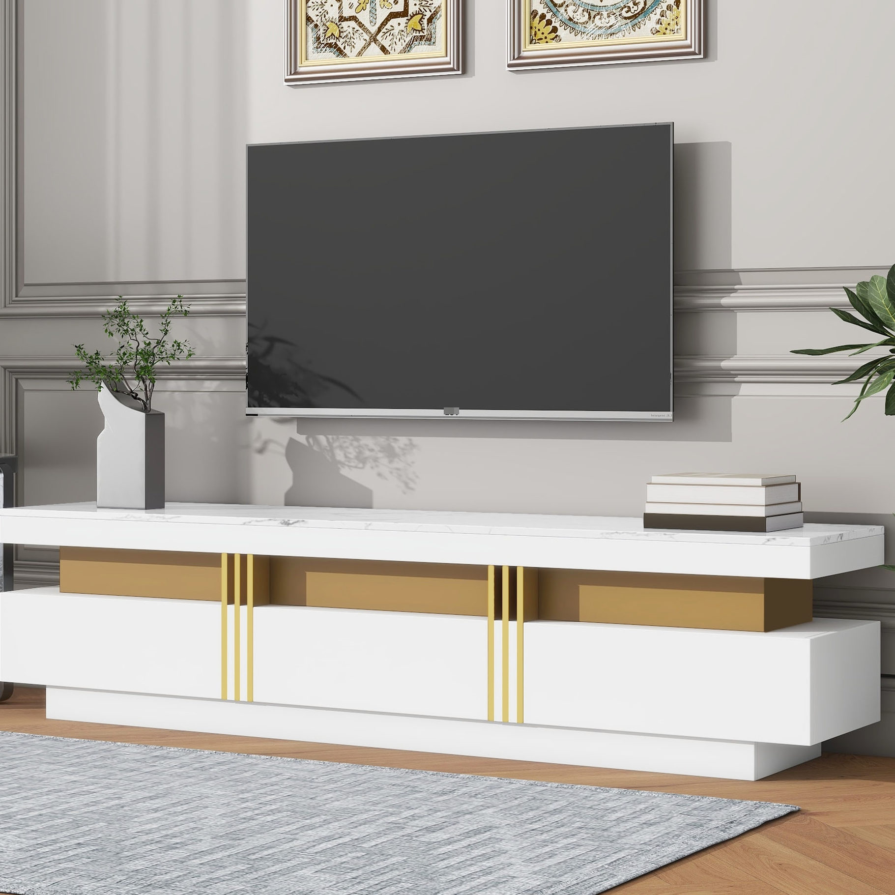 Luxury style TV stand with high gloss marble top and 3 large drawers ...
