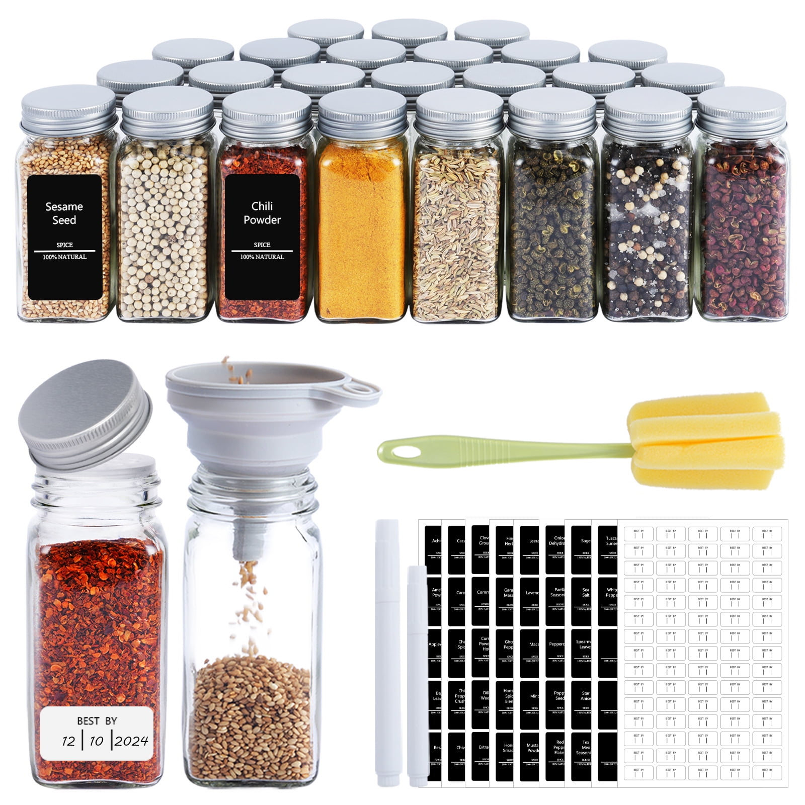 Luxvie 24 Pcs Glass Spice Jars with Labels 4 oz Empty Square Spice ...