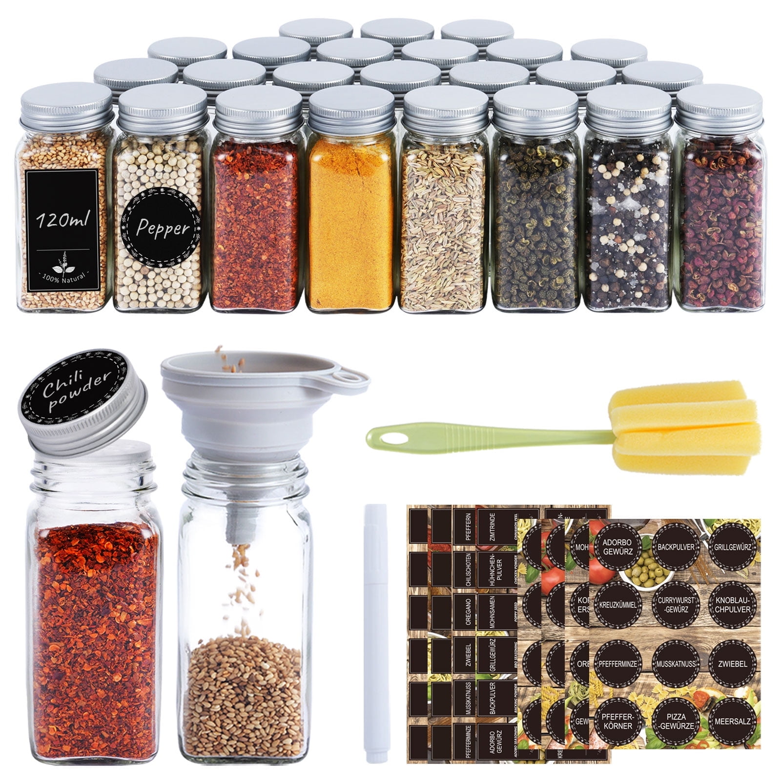 Luxvie 24 Pcs Glass Spice Jars with Labels, 4 oz Square Containers with ...