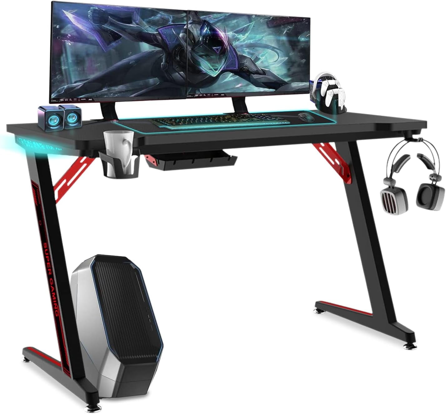 Luxvie Gaming Desk with LED Lights, Carbon Fibre Surface Computer Desk ...