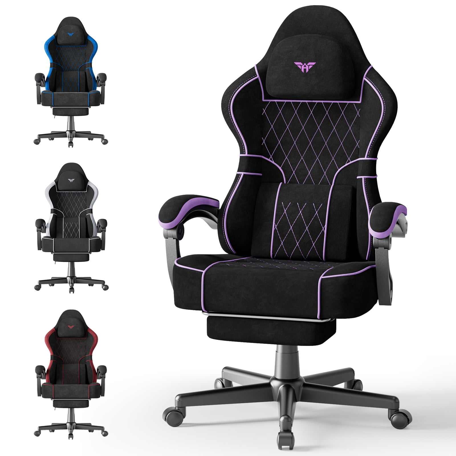 Luxvie Velvet Fabric Gaming Chair with Footrest High Back Ergonomic ...