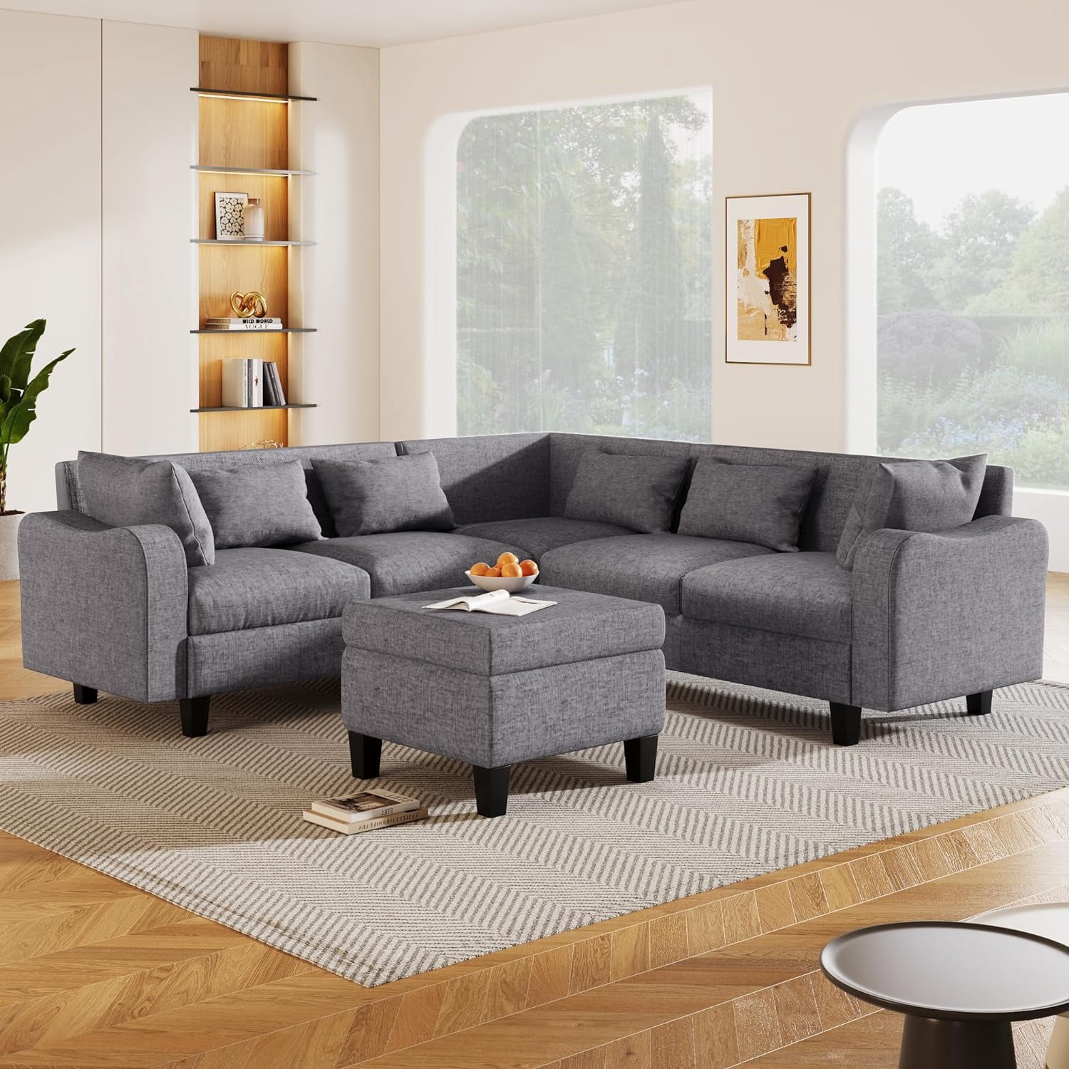 LuxyHoom 106.5" Modern Sectional Sofa with Movable Storage Ottoman ...