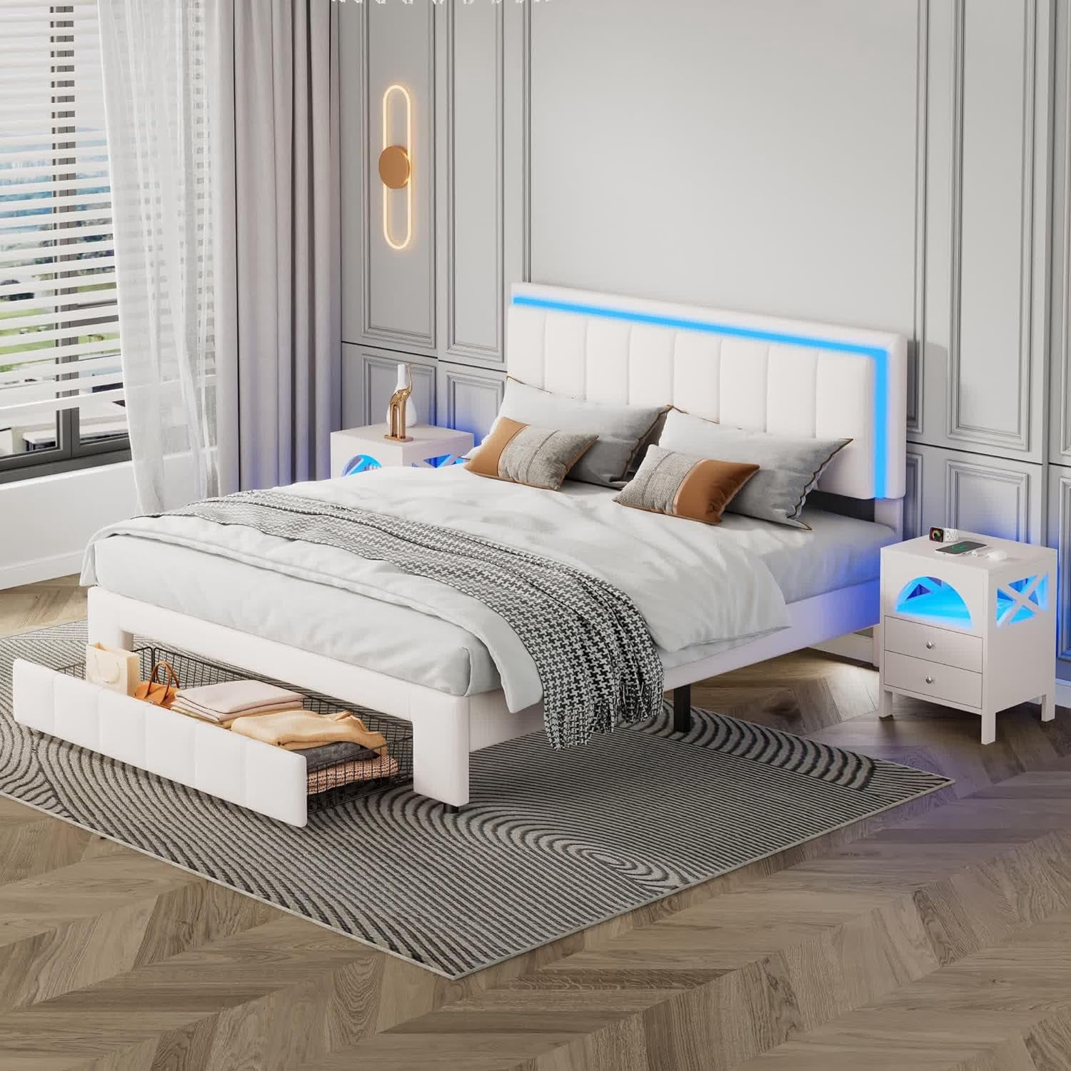 LuxyHoom LED Bed Frame Queen Size, Upholstered Bed Frame Queen with ...