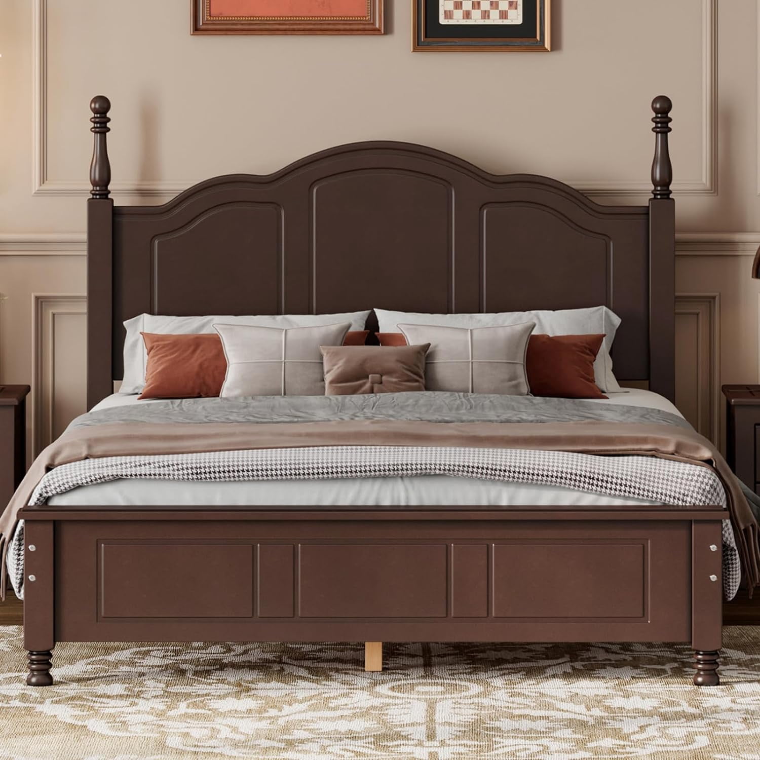 LuxyHoom Queen Size Bed Frame, Solid Wood Foundation, Classic Wood ...