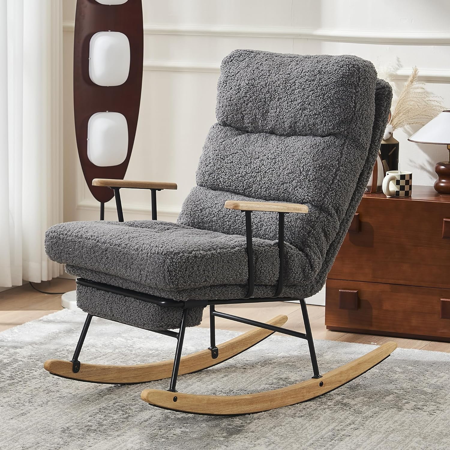 LuxyHoom Rocking Chair Nursery, Teddy Upholstered Glider Rocker, with ...