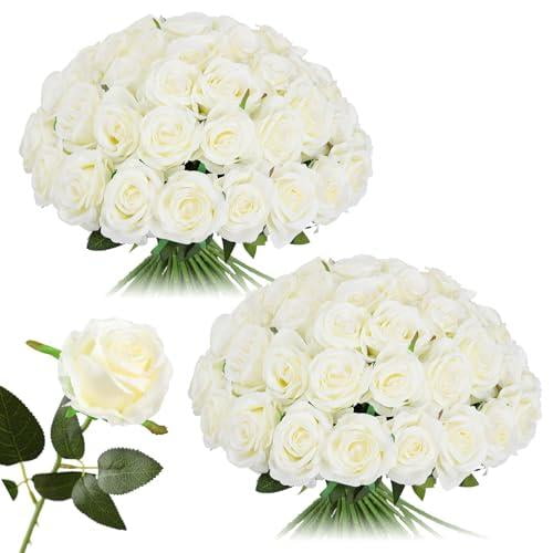 Luyue 50Pcs Artificial Silk Roses Bulk – Realistic Fake Flowers with Stems for Wedding ...