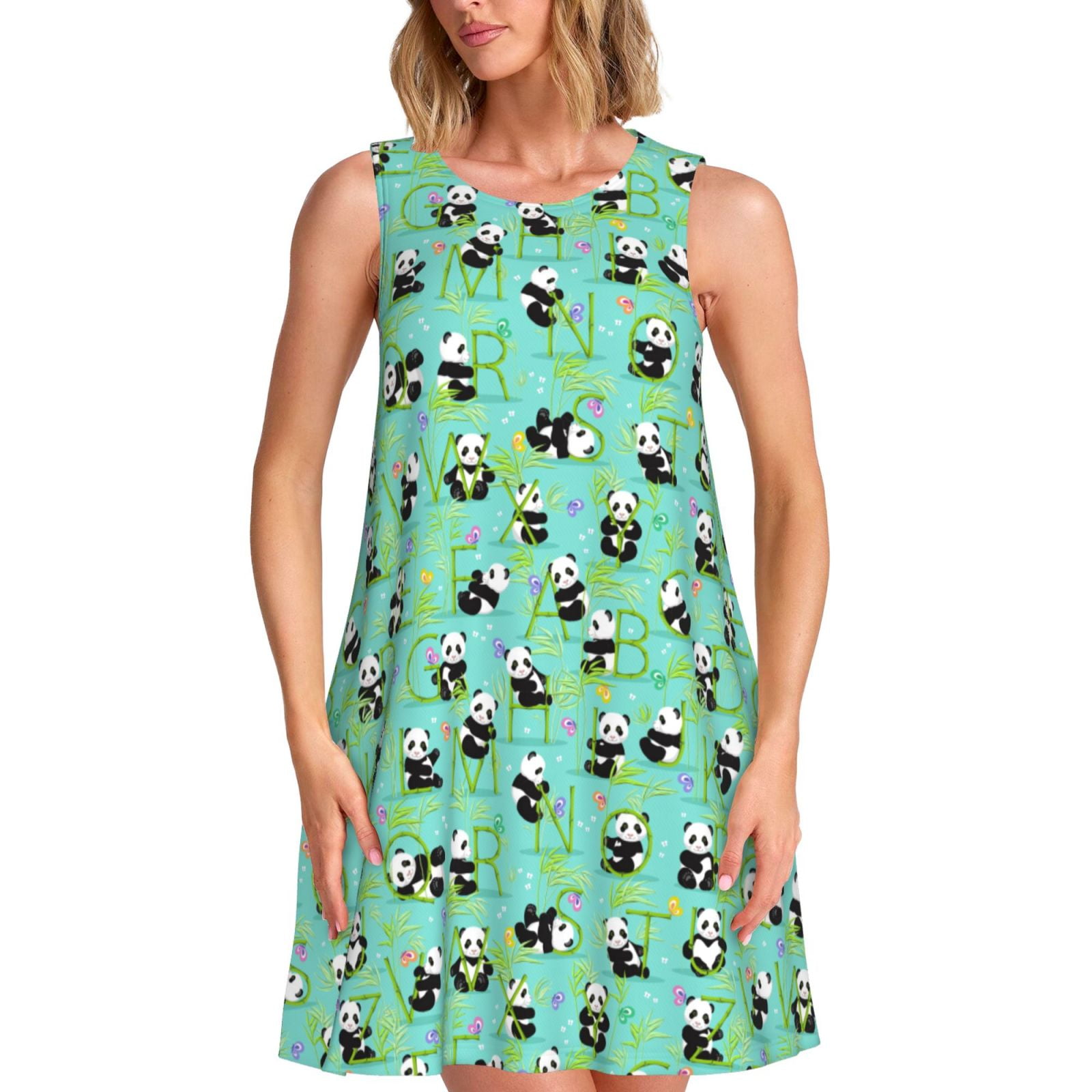 Luyuia Alphabet And Panda Print Women's Summer A-Line Sleeveless Boat ...