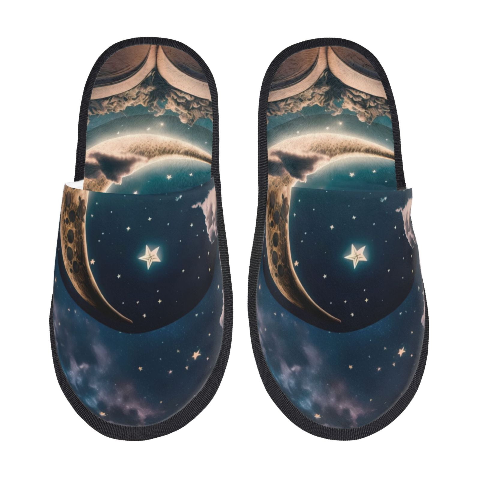 Luyuia Artistic Starry Sky Moon Book Print Fuzzy Slippers for Women and ...
