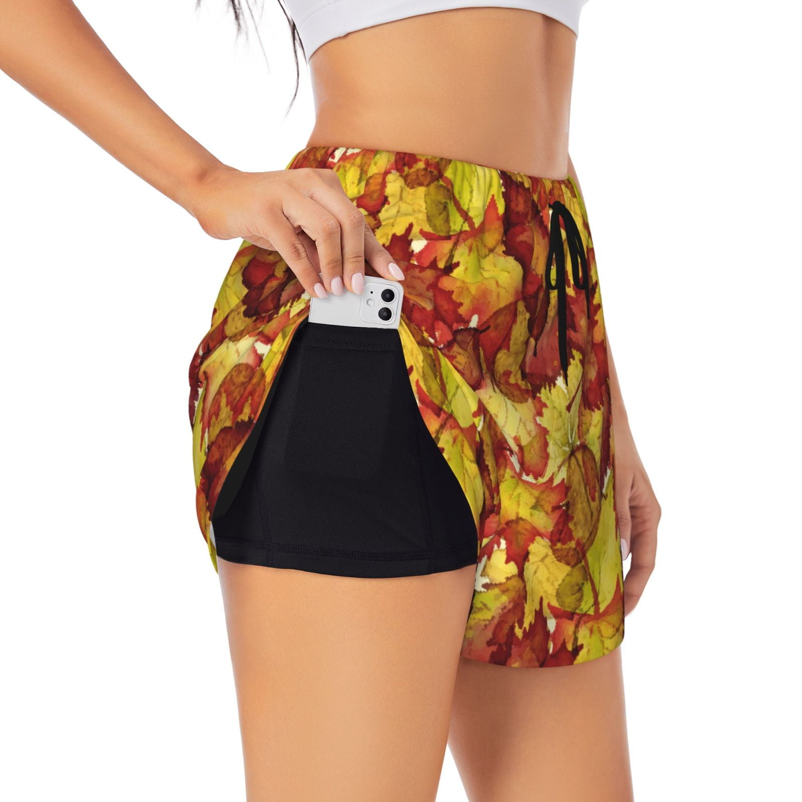Luyuia Autumn Mosaic Maple Leaves Print Women's Athletic Shorts, Quick ...