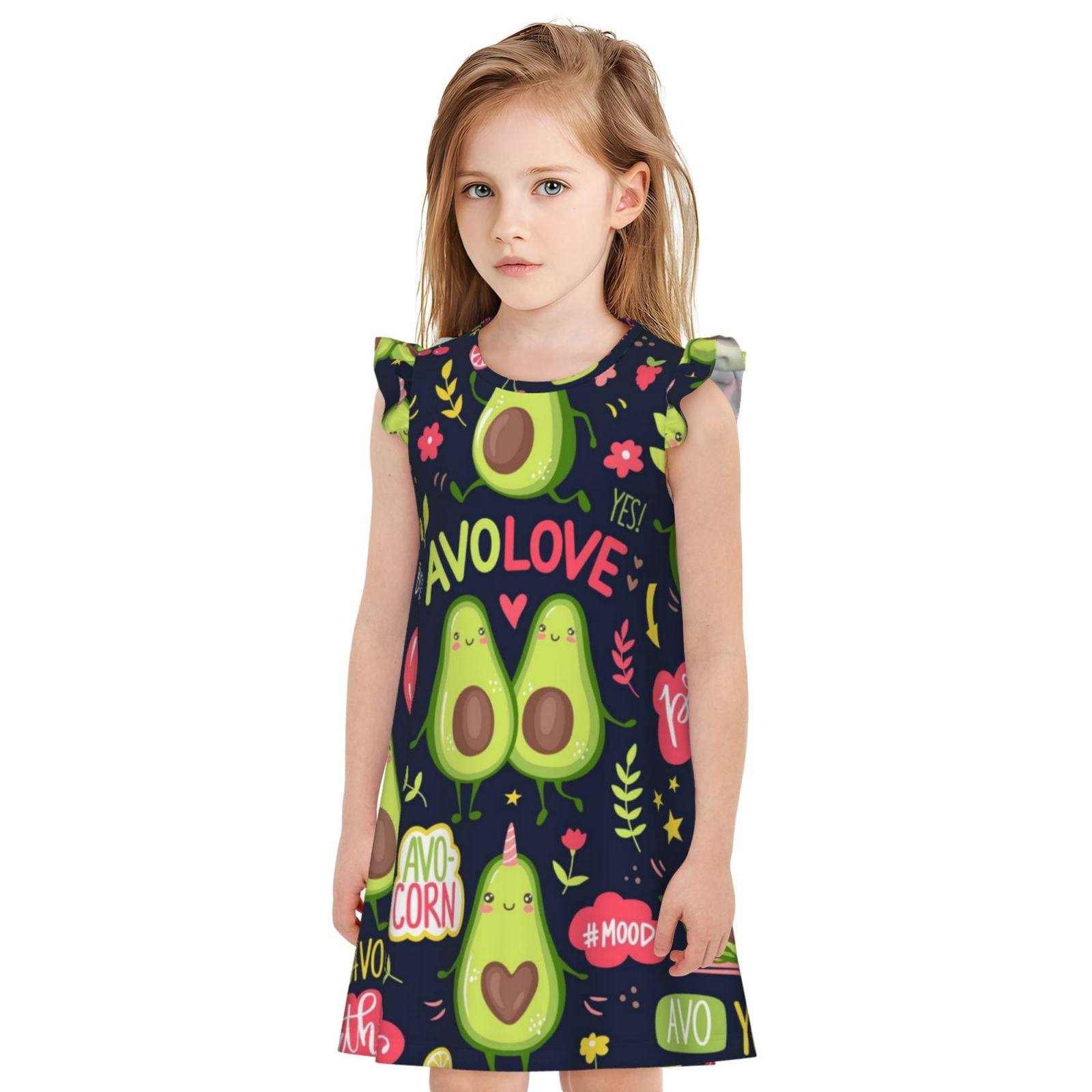 Luyuia Avocado Love Print Girls' Princess Nightgown, Flutter Sleeve ...