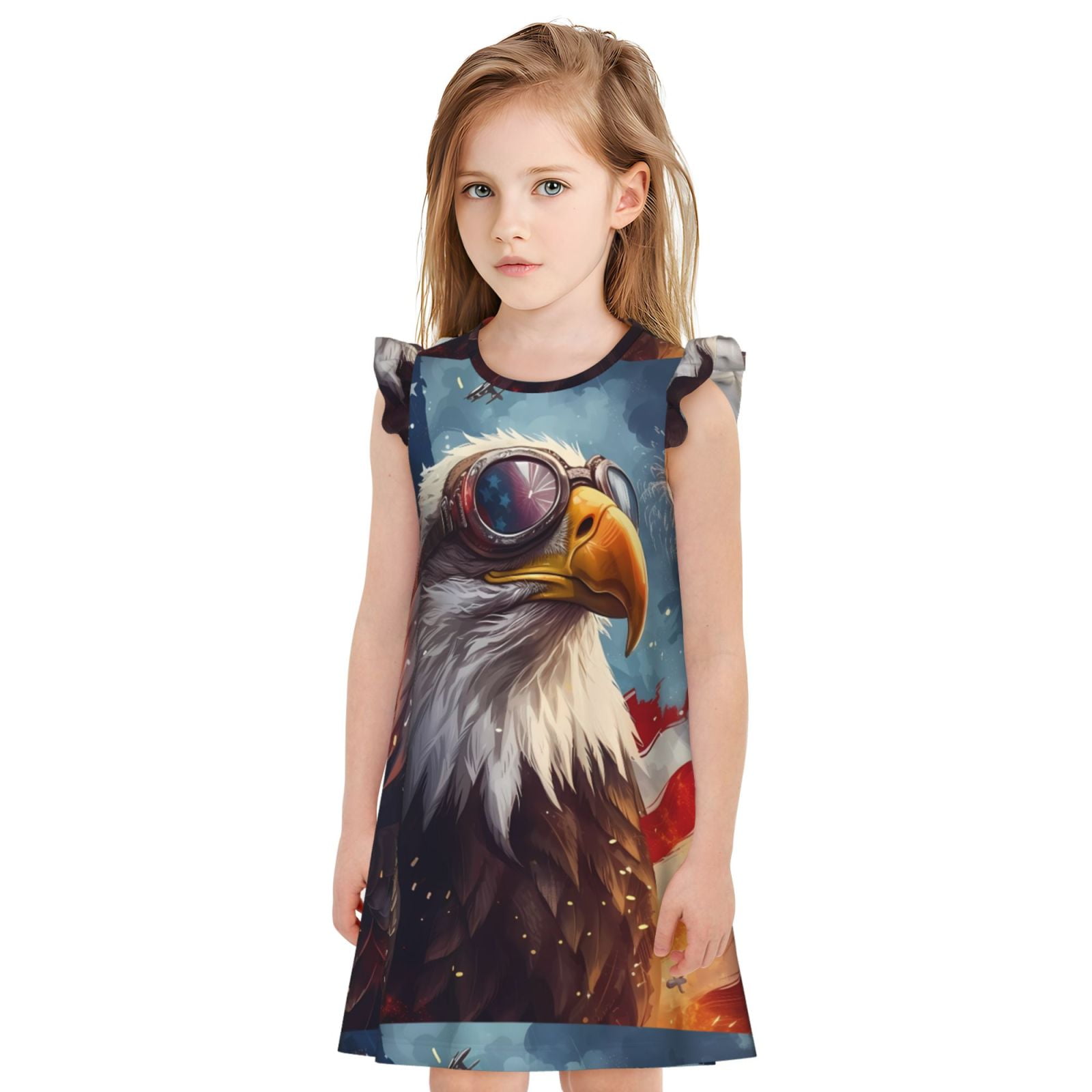 Luyuia Bald Eagle Pilot Print Girls' Princess Nightgown, Flutter Sleeve ...