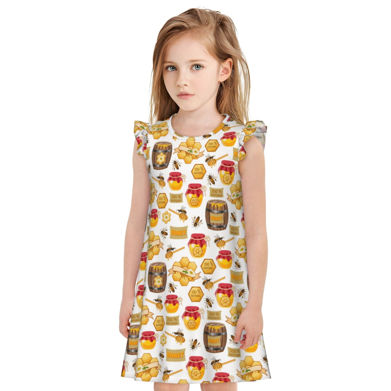 Luyuia Bees And Honey Print Girls' Princess Nightgown, Flutter Sleeve ...