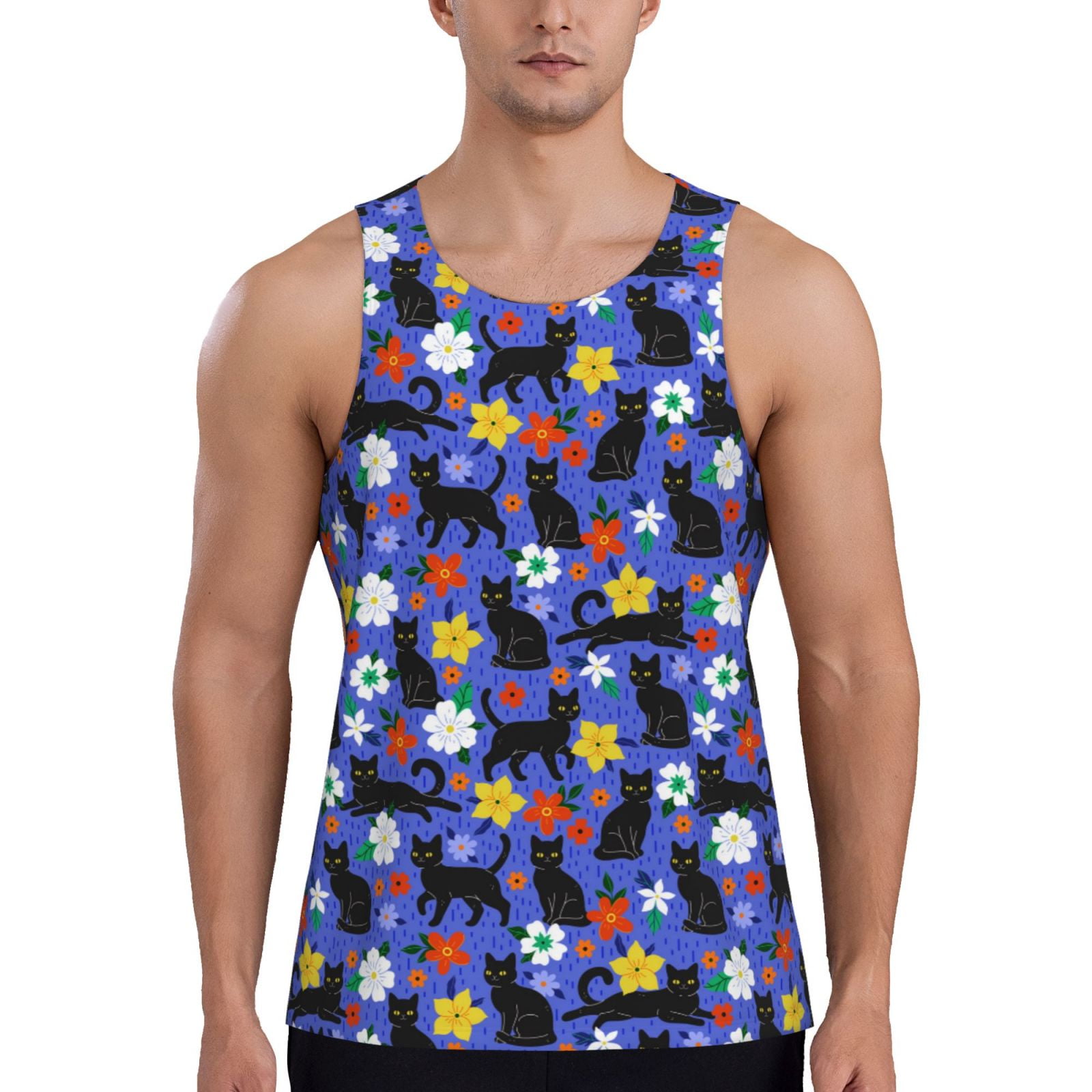 Luyuia Black Cats And Flowers Print Men's Bodybuilding Stringer Tank ...
