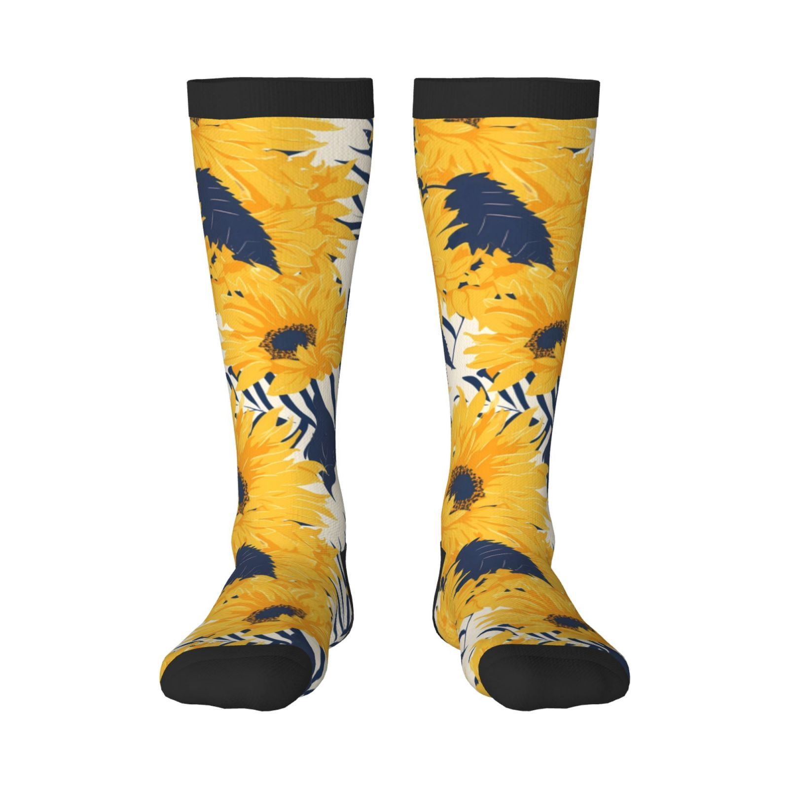 Luyuia Blue Striped Sunflower Print Thermal Winter Socks, Warm Crew ...