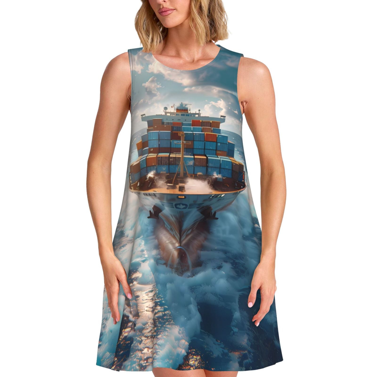 Luyuia Cargo Ship At Sea Print Women's Summer A-Line Sleeveless Boat ...