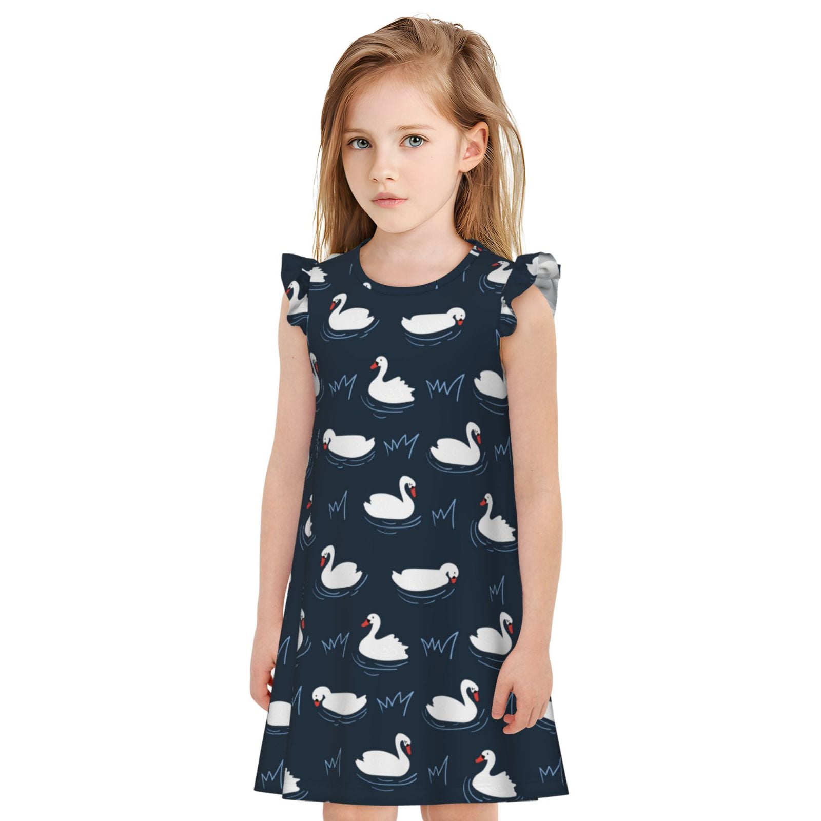 Luyuia Cartoon Swan Print Girls' Princess Nightgown, Flutter Sleeve ...