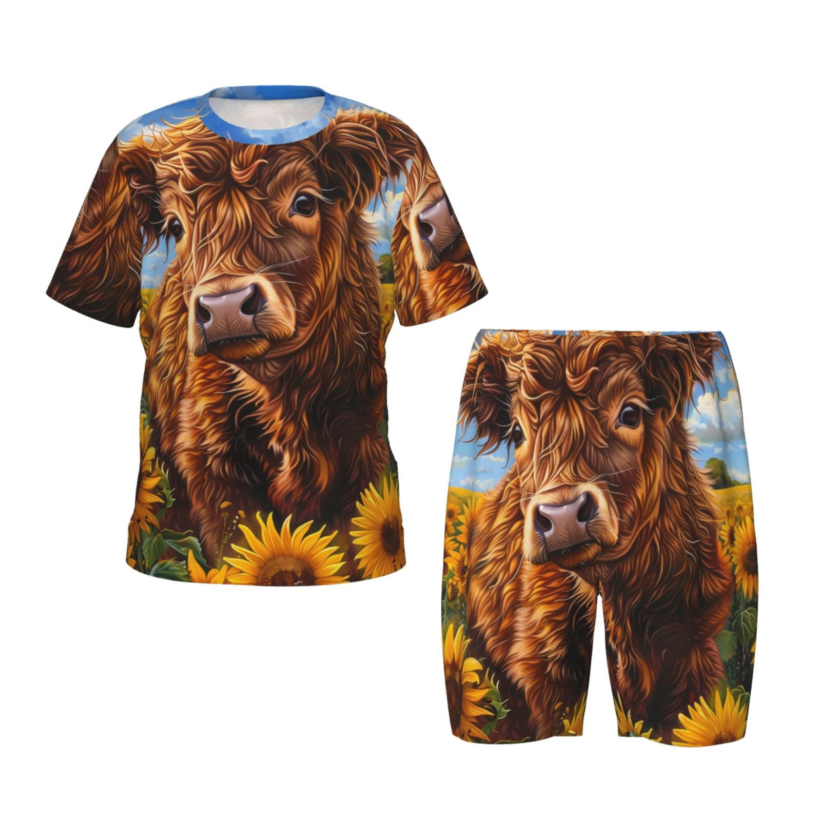 Luyuia Cloud Sky Sunflower Cow Print Girls' 2-Piece Tie-Dye Pajama Set ...