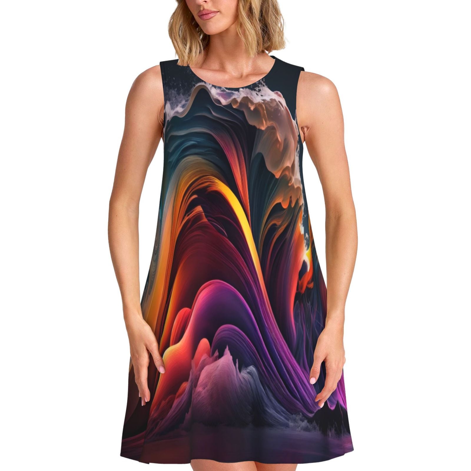 Luyuia Colorful Abstract Wave Motion Print Women's Summer A-Line ...