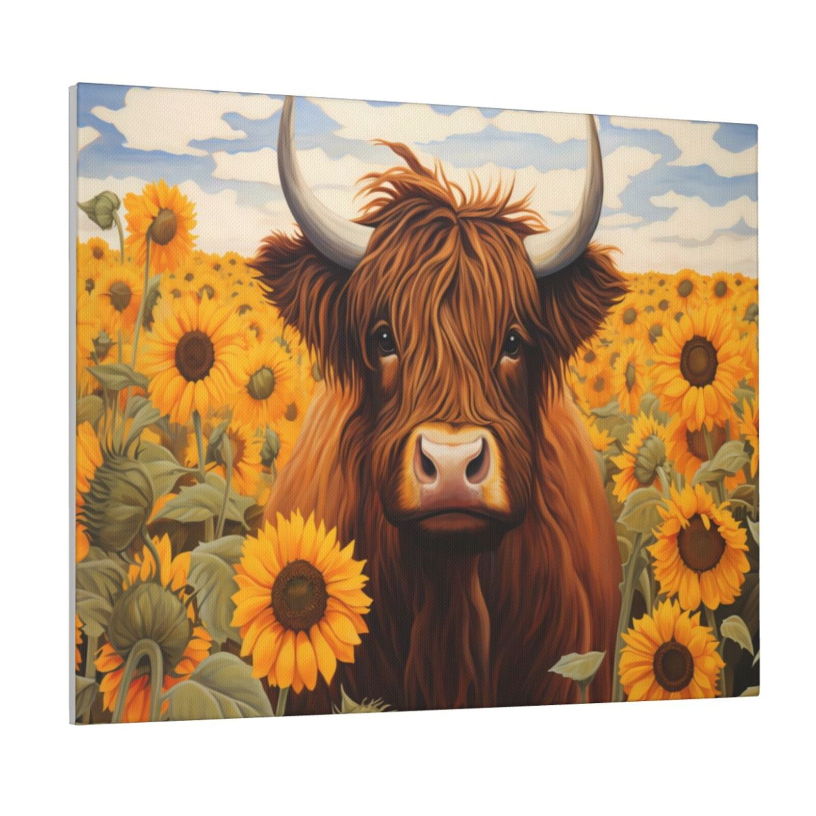 Luyuia Countryside Sunflower Cow Print Canvas Wall Art Print Paintings ...