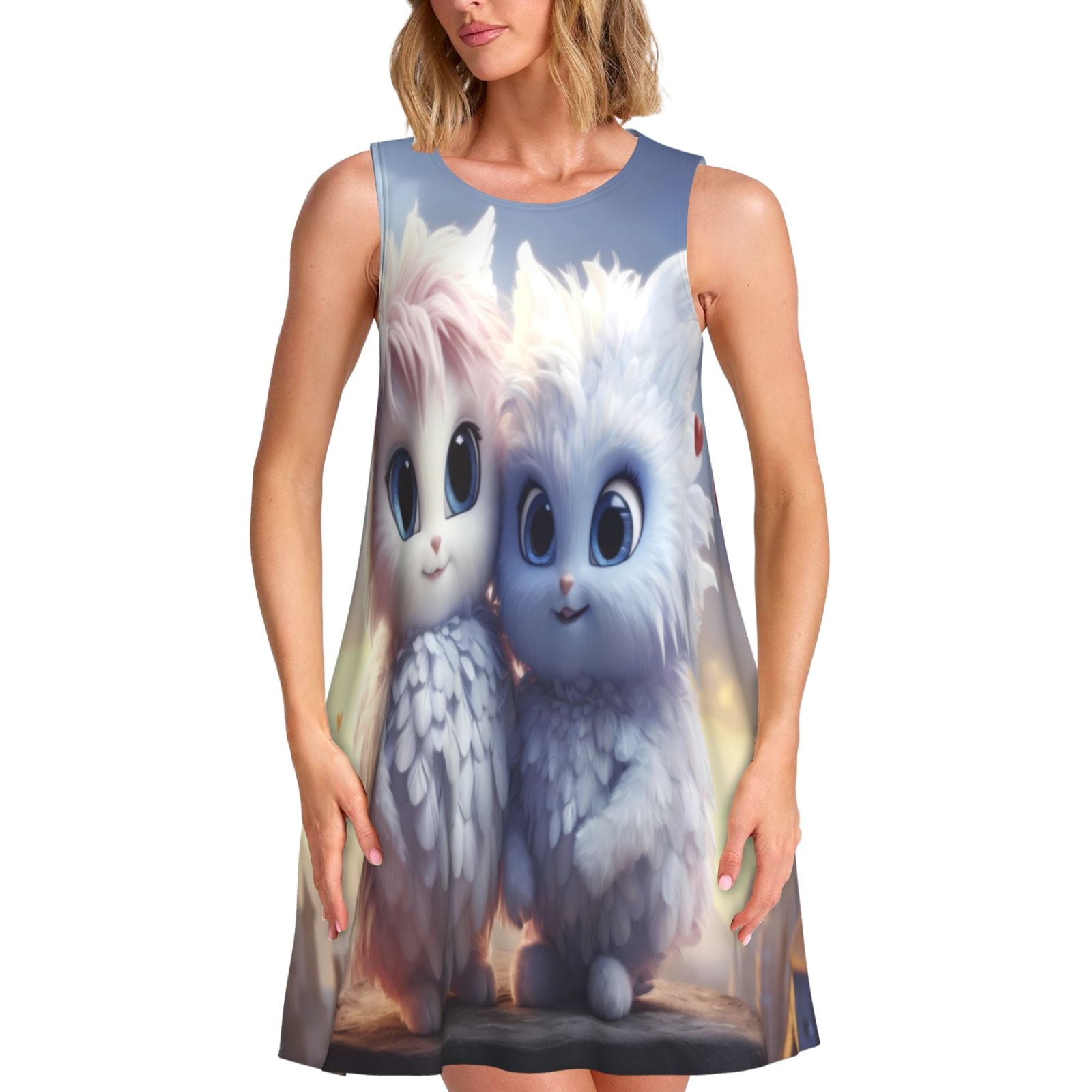 Luyuia Cute Animal Couple Print Women's Summer A-Line Sleeveless Boat ...