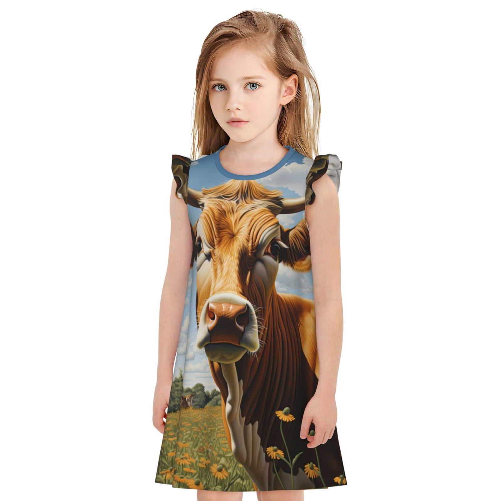 Luyuia Daisy Flower Field Cow Print Girls' Princess Nightgown, Flutter ...