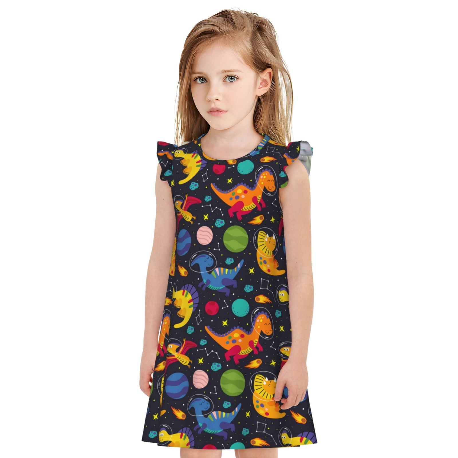 Luyuia Dinosaurs in Space Print Girls' Princess Nightgown, Flutter ...